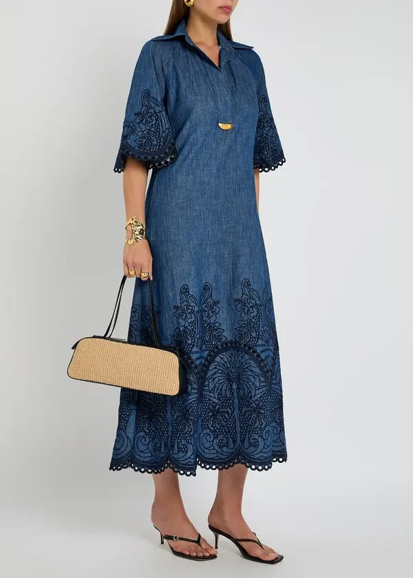Zimmermann Coco Embroidered Chambray Midi Shirt Dress In Denim - 40% Off