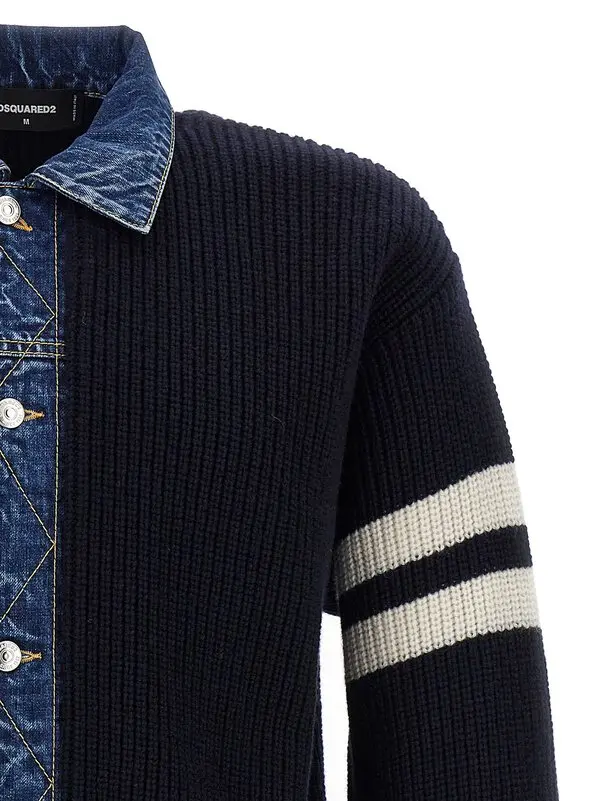 Dsquared2 Wool Cardigan With Denim Details In Blue - 27% Off