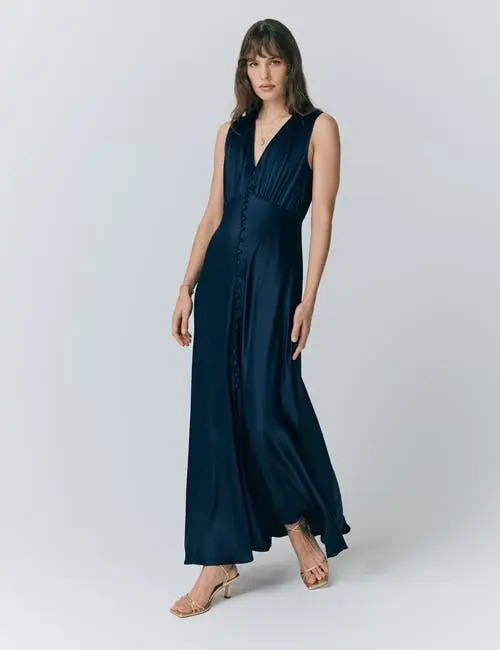 GHOST LONDON River V-neck Button Detailed Satin Maxi Dress - Navy