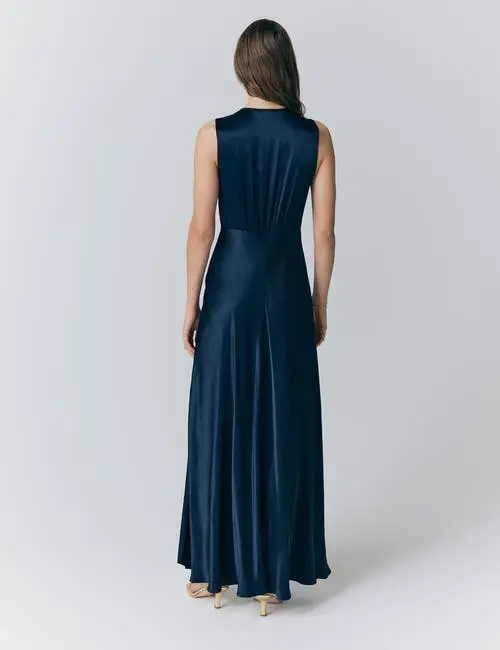 GHOST LONDON River V-neck Button Detailed Satin Maxi Dress - Navy