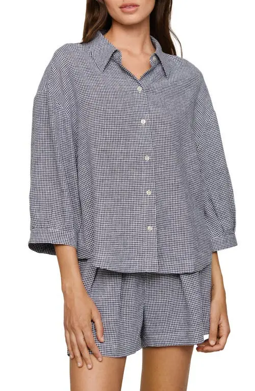 Eberjey Relaxed Linen Blend Button-up Sleep Shirt - Gingham White/ Navy