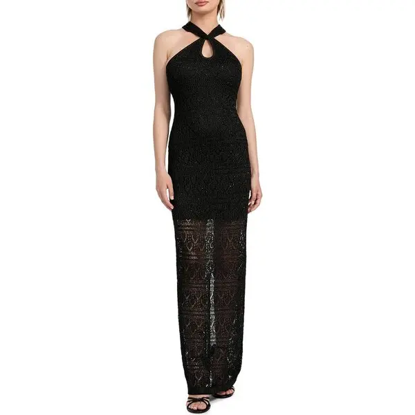 Guess Sequin Pointelle Overlay Maxi Dress - Jet Black Multi
