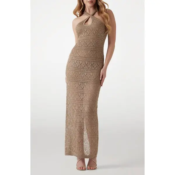Guess Sequin Pointelle Overlay Maxi Dress - Wet Sand Multi
