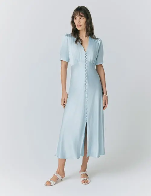 GHOST LONDON Madison Satin Midi Dress - Light Blue