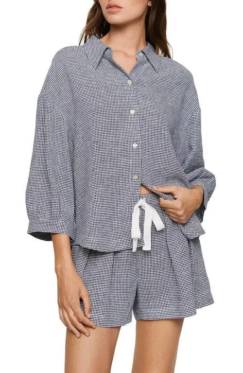 Eberjey Relaxed Tie Waist Linen Blend Shorts - Gingham White/ Navy