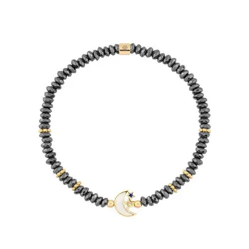 KARMA AND LUCK Hematite Moon And Star Charm Beaded Bracelet - Grey/white