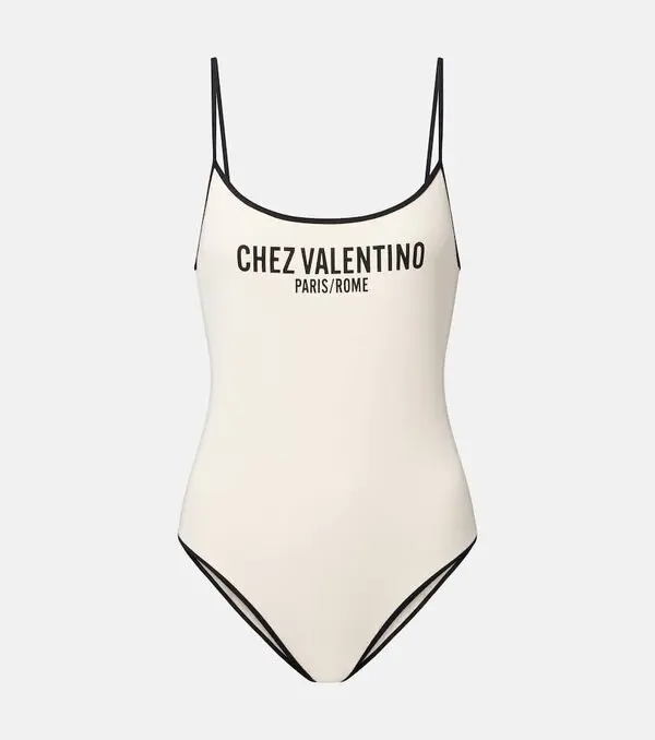Valentino Garavani Logo Printed Piqué Swimsuit - White