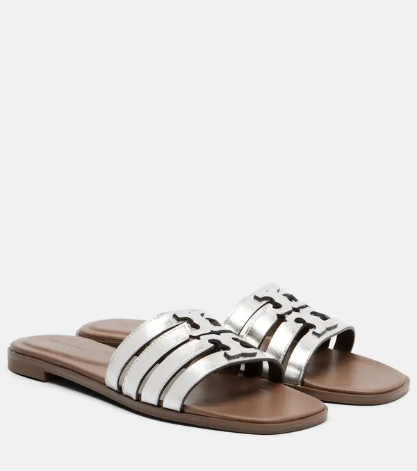 Tory Burch Metallic Leather Slides - Silver