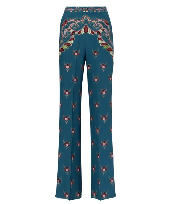Etro Floral Printed Flared Silk Pants - Blue