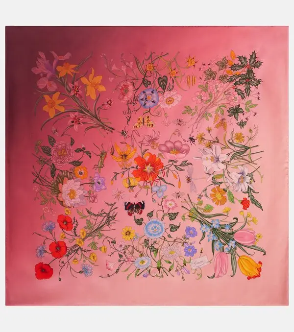 Gucci Floral Silk Twill Scarf - Pink