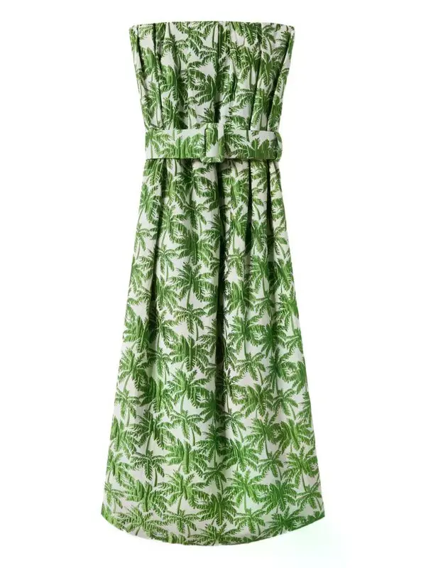 La DoubleJ Filter Palm-print Strapless Midi Dress