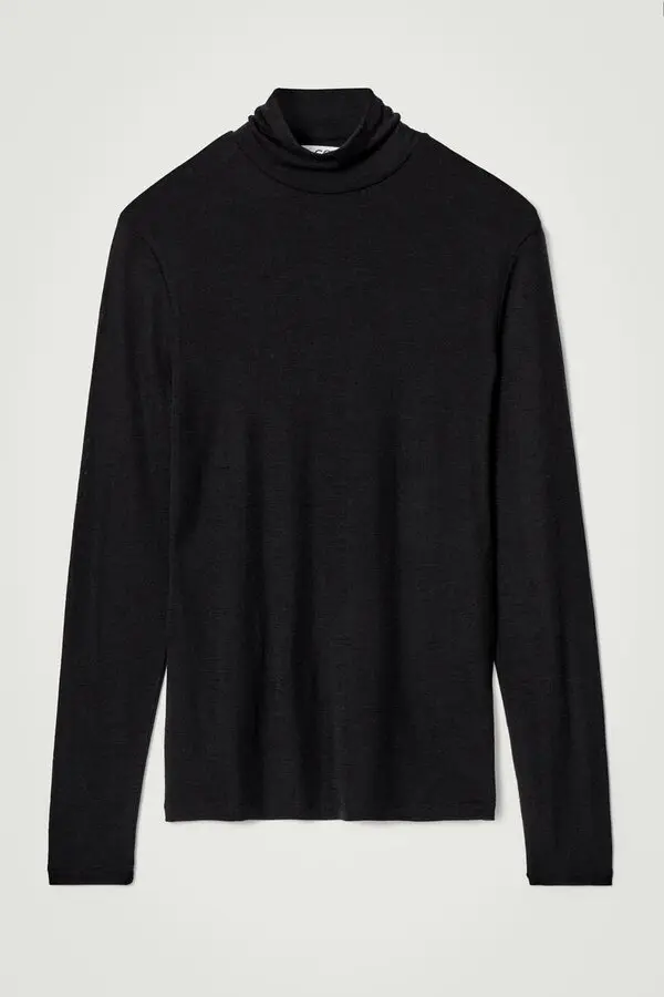 Cos Slim Wool-jersey Roll Neck Top - Black