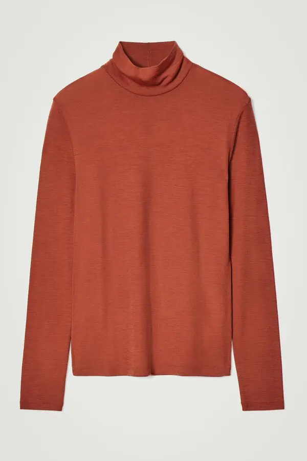 Cos Slim Wool-jersey Roll Neck Top - Orange