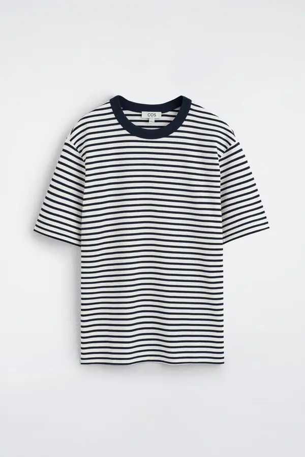 Cos Interlock Cotton Crew-neck T-shirt - Navy/white