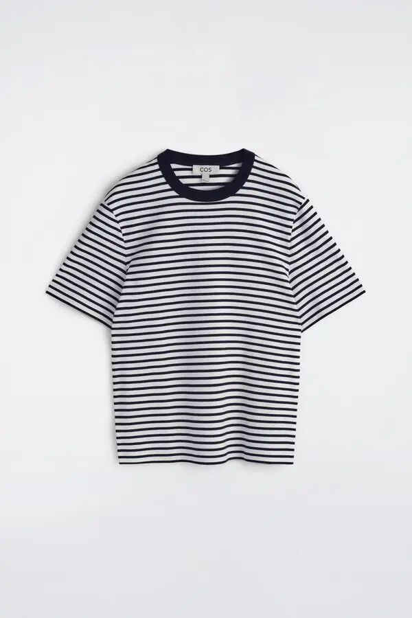 Cos Interlock Cotton Crew-neck T-shirt - Navy/white