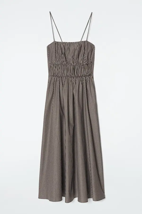 Cos Striped Gathered Waist Midi Dress With Open Back