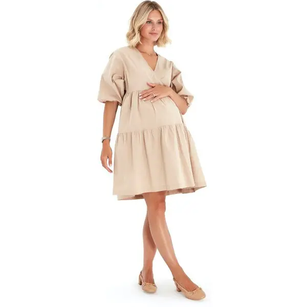 ACCOUCHEE Waterfall Tie Waist A-line Wrap Dress - Beige