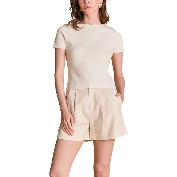 Endless Rose Faux Pearl Trim Ribbed T-shirt