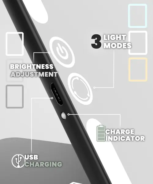 LUNA LONDON Eclipse Travel Mirror | Led Lighted Rechargeable Vanity Makeup Mirror - Matte Black