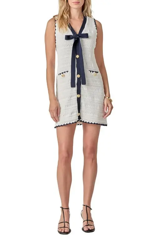 English Factory Contrast Trim Open Stitch Tie Neck Cotton Dress - White/ Navy