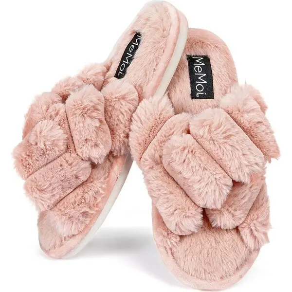 MEMOI Double Cross Plush Slippers - Dusty Rose