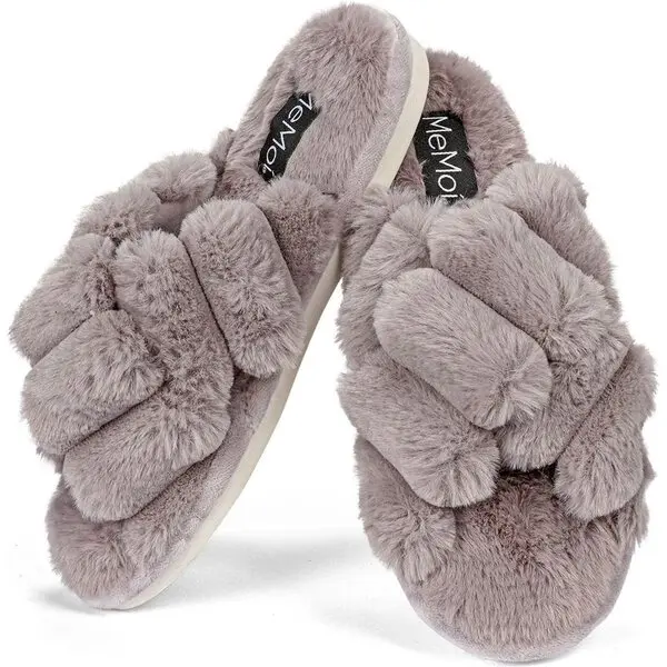 MEMOI Double Cross Plush Slippers - Gray