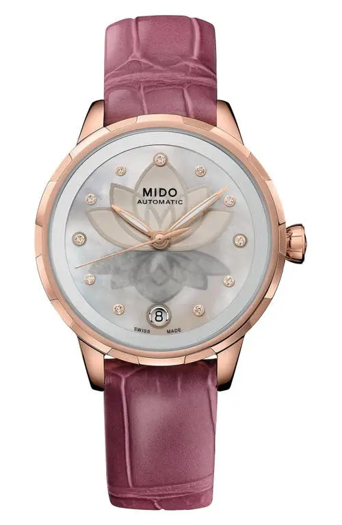 MIDO Rainflower Diamond Night Mode Automatic Leather Strap Watch - White Mother Of Pearl