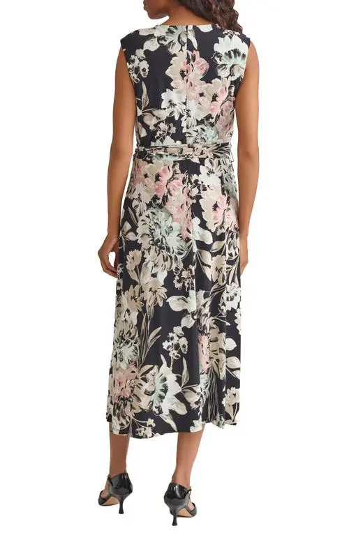 KASPER Printed Tie Waist Sleeveless Midi Dress
