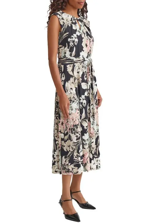 KASPER Printed Tie Waist Sleeveless Midi Dress