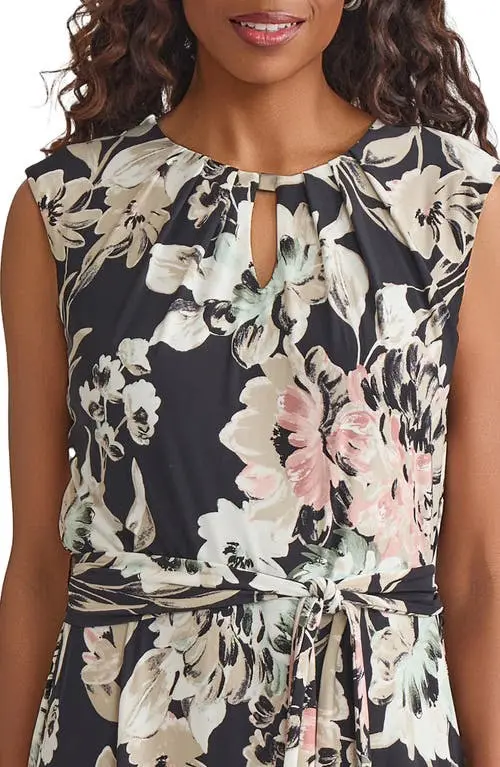 KASPER Printed Tie Waist Sleeveless Midi Dress
