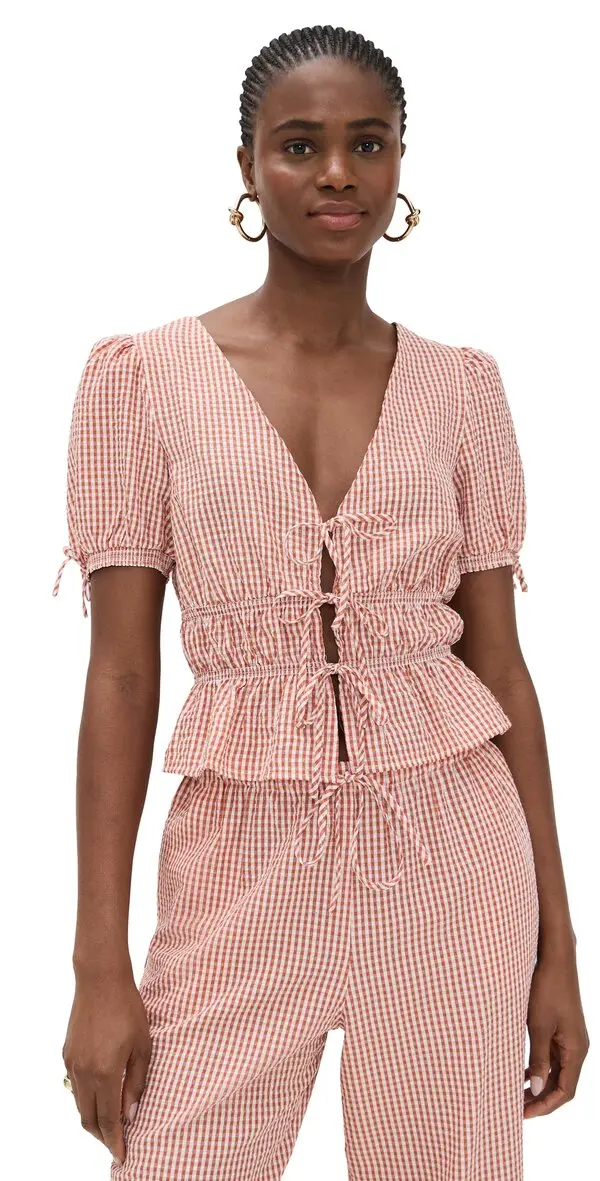 WAYF Nina Tie-front Top - Clay Seersucker