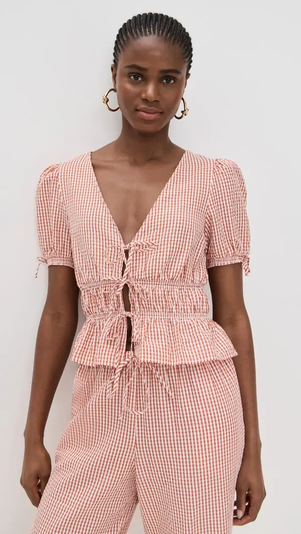 WAYF Nina Tie-front Top - Clay Seersucker