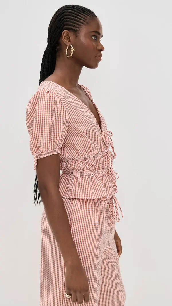 WAYF Nina Tie-front Top - Clay Seersucker