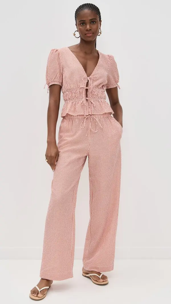 WAYF Nina Tie-front Top - Clay Seersucker