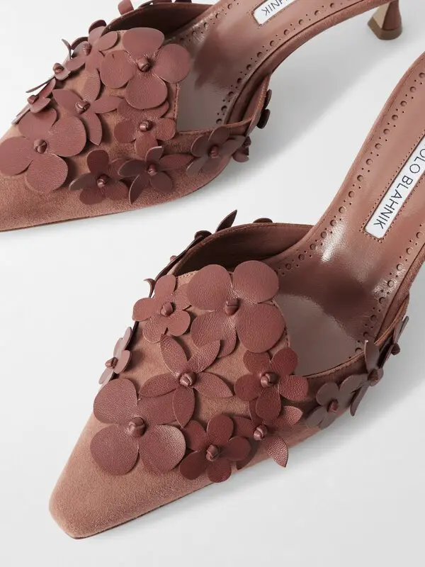 Manolo Blahnik Harnes 50 Appliquéd Suede Mules