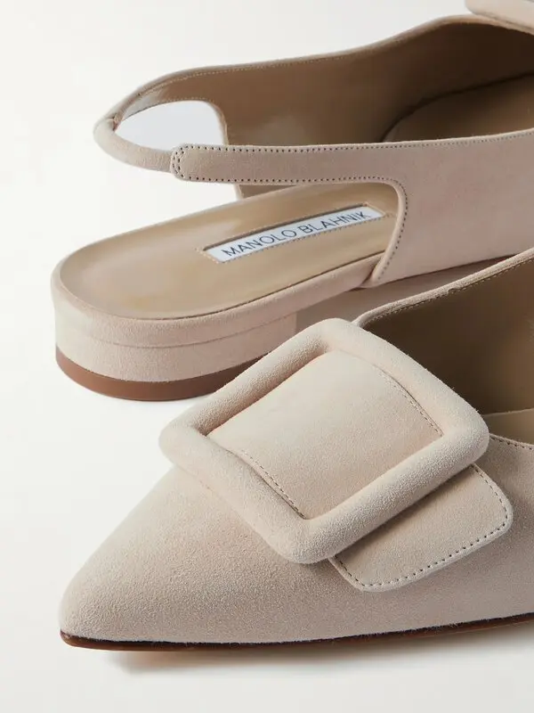 Manolo Blahnik Maylura Buckled Suede Slingback Flats - Neutrals