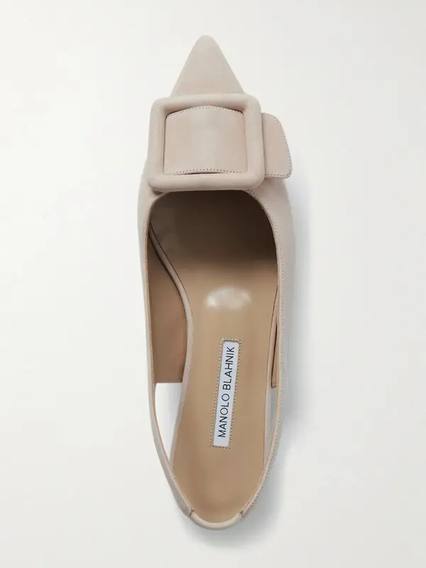 Manolo Blahnik Maylura Buckled Suede Slingback Flats - Neutrals