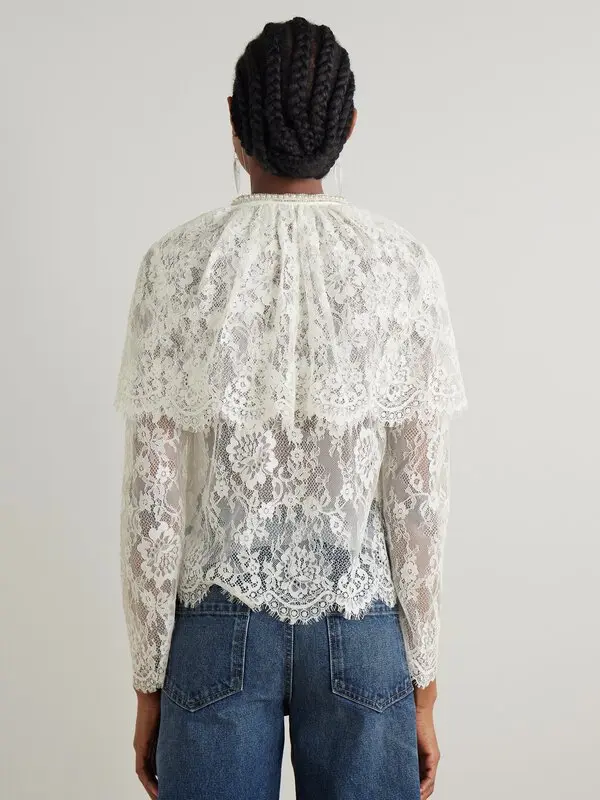 SELF-PORTRAIT Cape-effect Scalloped Embellished Lace Blouse