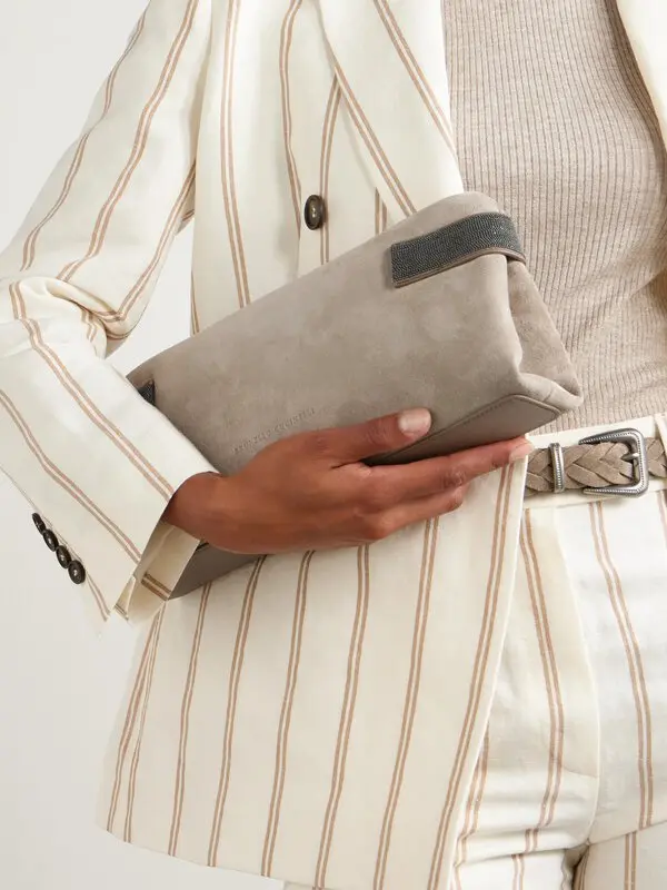 Brunello Cucinelli Leather-trimmed Suede Clutch - Gray