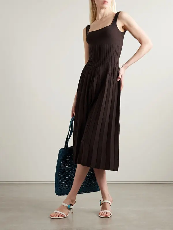 Staud Ellison Ribbed-knit Midi Dress - Brown