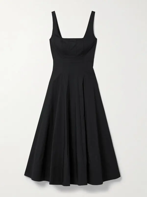 Staud Wells Pleated Cotton-blend Poplin Midi Dress - Black