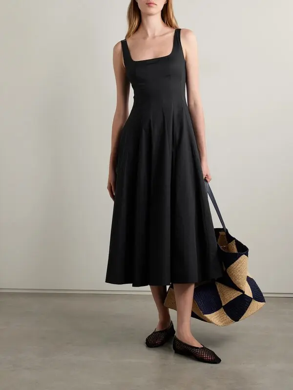 Staud Wells Pleated Cotton-blend Poplin Midi Dress - Black