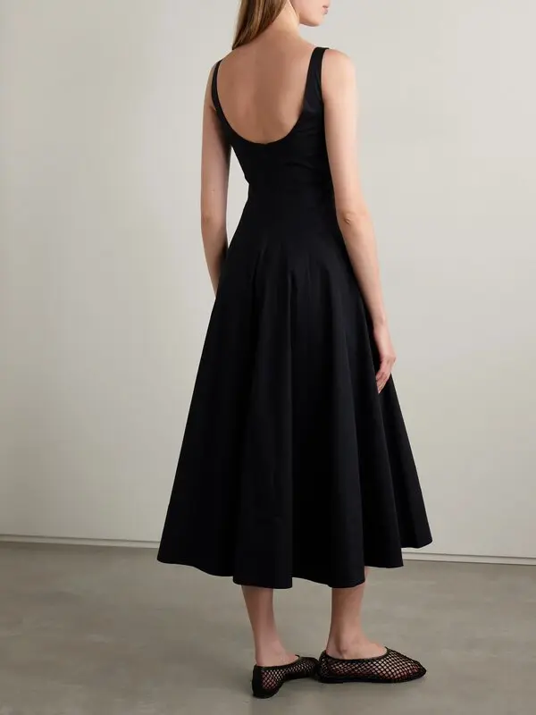 Staud Wells Pleated Cotton-blend Poplin Midi Dress - Black