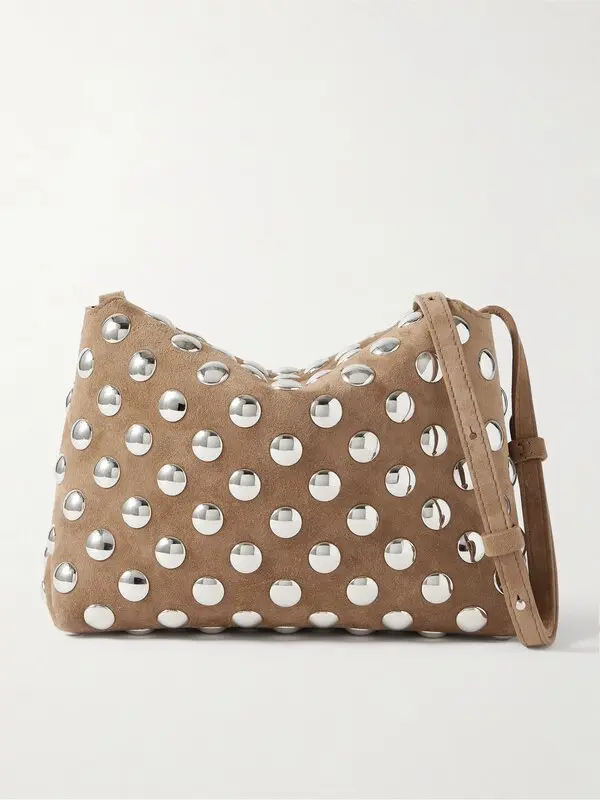 Khaite Lina Medium Studded Suede Shoulder Bag - Neutrals