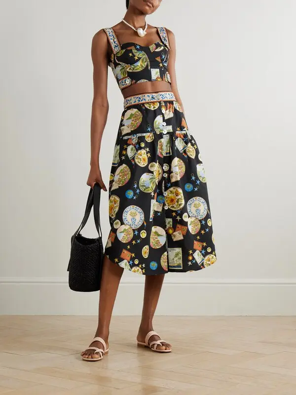 Farm Rio Printed Cotton Bustier Top