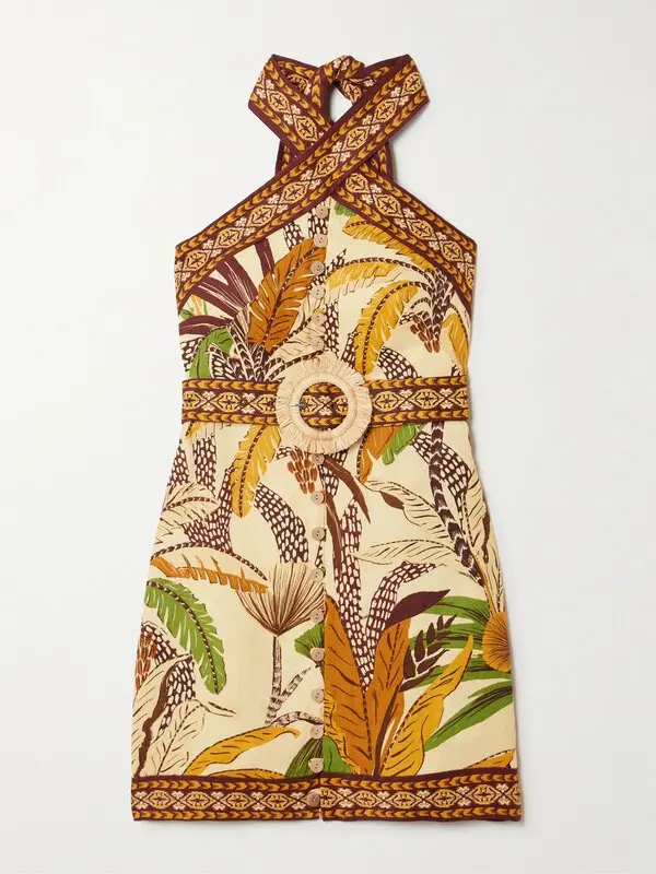 Farm Rio Belted Printed Linen Halterneck Mini Dress - Neutrals