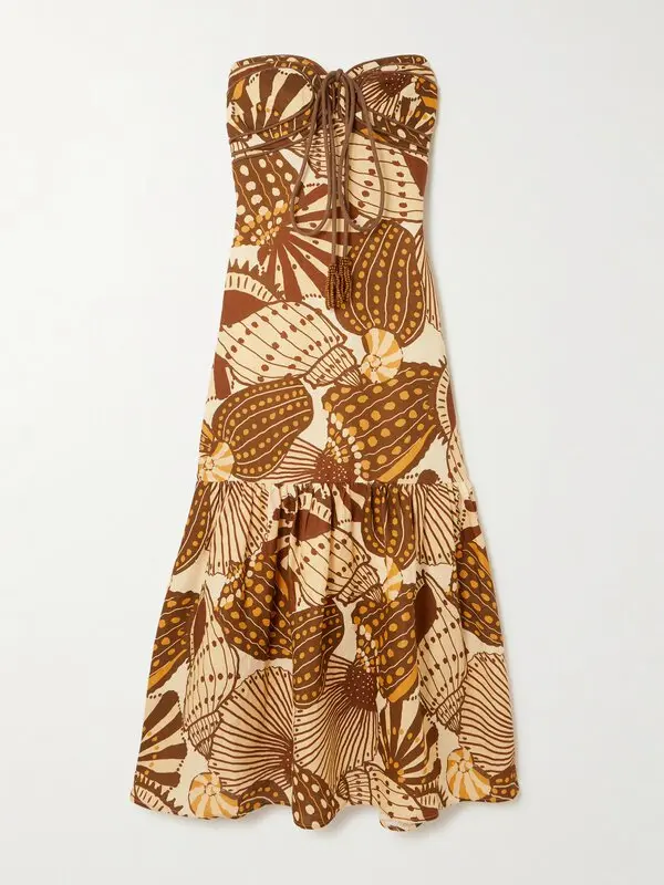 Farm Rio Tasseled Shirred Printed Linen Halterneck Maxi Dress - Neutrals