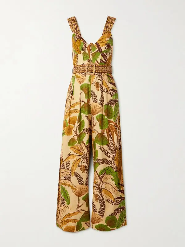 Farm Rio Belted Shirred Printed Linen-blend Jumpsuit - Neutrals