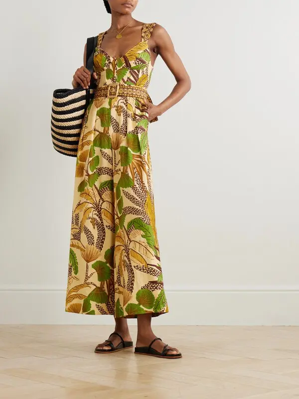 Farm Rio Belted Shirred Printed Linen-blend Jumpsuit - Neutrals