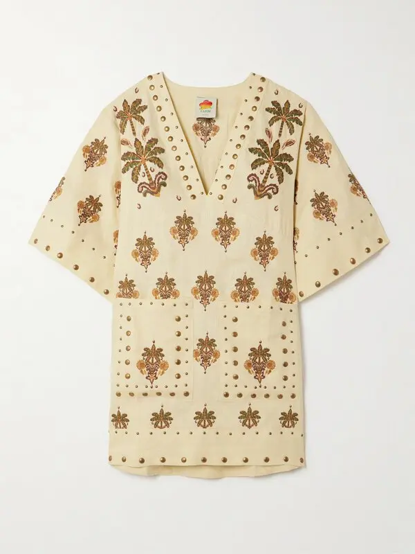 Farm Rio Studded Embroidered Linen Mini Dress - Neutrals